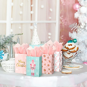 Zhanmai 24 Pcs Pink Christmas Gift Bags with Tissue Paper Gingerbread Gift Bags Nutcracker Wrapping Bags with Handles for Xmas Holiday Winter Baby Shower Birthday Favor Gift Wrapping, 8 x 6 x 3 Inch