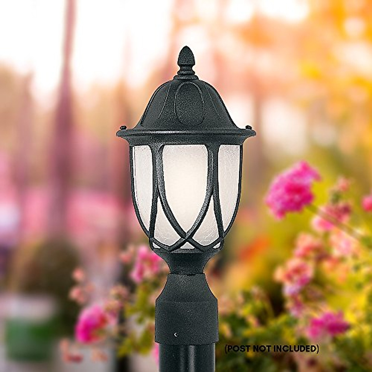 Designers Fountain Capella Outdoor Post Light, 19.25 Inch Lantern Lamp Lighting Fixture, Satin Crackled Glass Shade, Black, 2866-BK