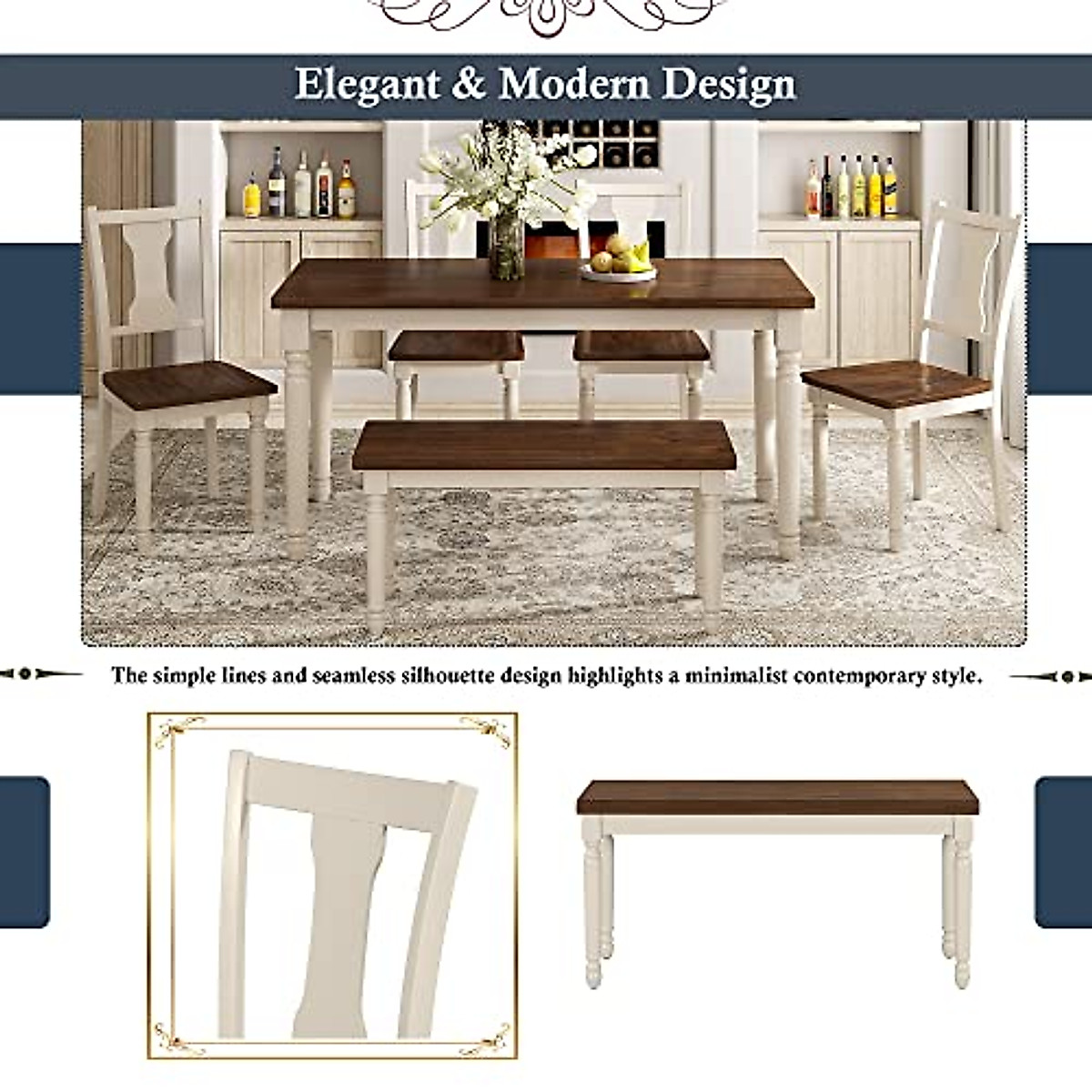 Lifeand Piece Wooden Table and 4 Chairs with Bench for Kitchen Room (Brown+Cottage White), Classic Dining Set for 6