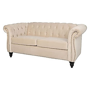 MIYZEAL Modern Chesterfield Loveseat, Velvet 2 Seater Couch Upholstered Sofa with Tufted Back, Roll Arm Classic Settee with Nailhead Trim for Living Room Bedroom (Beige)