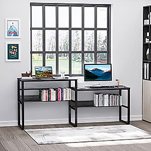 HOMCOM 86.5 Inch Two Person Desk Double Computer Table Writing Desk with Open Shelves Long Storage Workstation for Home Office Black and Grey