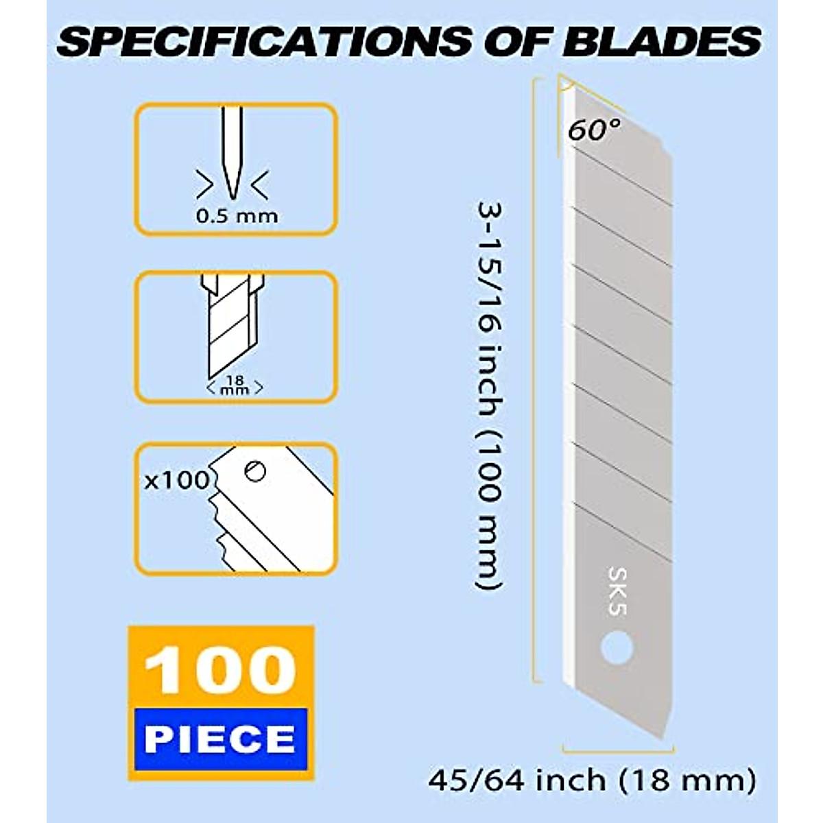 DOWELL 18mm Snap Off Blades SK5 Utility Knife Retractable Blades Box Cutter Blades (100pc)