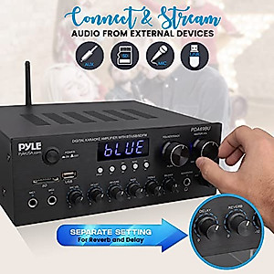 Pyle Bluetooth Home Audio Amplifier Receiver Stereo 300W Dual Channel Sound Audio System w/MP3, USB, SD, AUX, RCA, MIC, Headphone, FM, LED, Reverb Delay, for Home Theater Speakers, Studio - PDA69BU