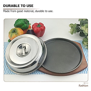 Cabilock Cast Iron Steak Plate Metal Sizzle Griddle with Wooden Base and Cover Foodservice Platter Steak Pan Grill Server Plate for Household Restaurant