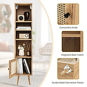 Giantex 54" Tall 4-Tier Bookcase with Door, Freestanding Slim Narrow Book Cabinet with Adjustable Shelf, Vertical Bookshelf with Leg, Open Shelving Display Rack, Boho Wooden 4-Cube Storage Organizer