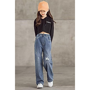 Sitmptol Teen Girl's High Waisted Straight Leg Ripped Jeans Washed Denim Pants with Pockets Wide Leg Blue Ripped 160 11-12 Years