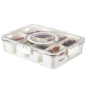 amokk Divided Serving Tray with Lid and Handle Snackle Box Charcuterie Container Portable Snack Platters Clear Organizer for Candy, Fruits, Nuts, Snacks, for Party, Entertaining, Picnic (Rectangular)