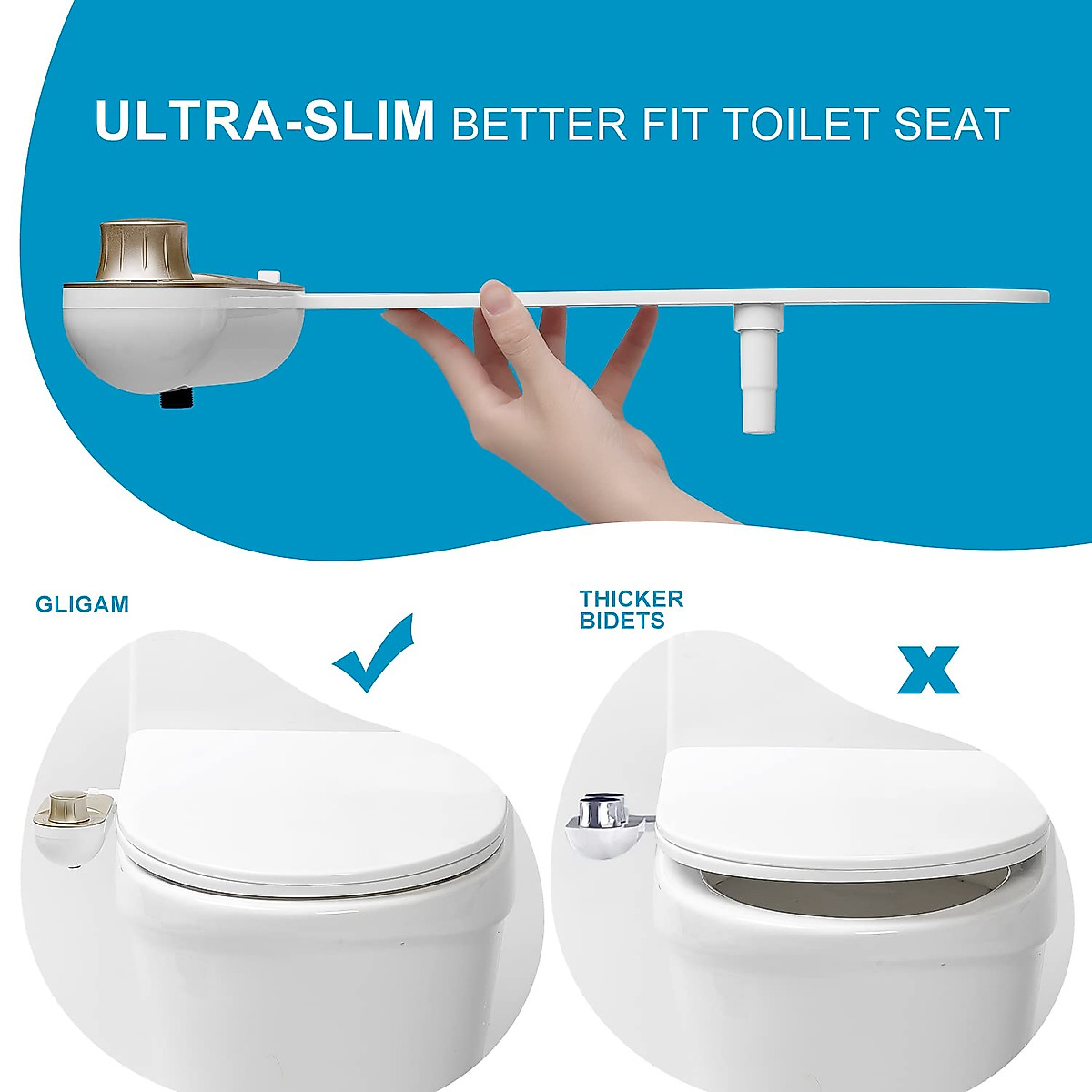 Bidet, Bidet Attachment for Toilet,GLIGAM Non-Electric Fresh Water Bidet Sprayer with Self-Cleaning Nozzle, Adjustable Pressure Control & Angle Controls (Champagne/White)