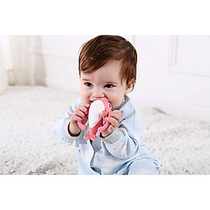 Smily Mia Nora Narwhal Soft Silicone Teething Toy/Toothbrush with Two Handles for 3M+ Babies Teething Pain Relief, Pink