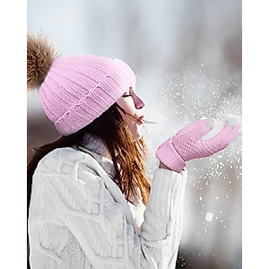 4 Pieces Winter Hat and Gloves Set Women Beanie Hat Gloves Skull Cap Touchscreen Gloves for Women Girl Lady Couple (Navy Blue, Pinkish Pink)