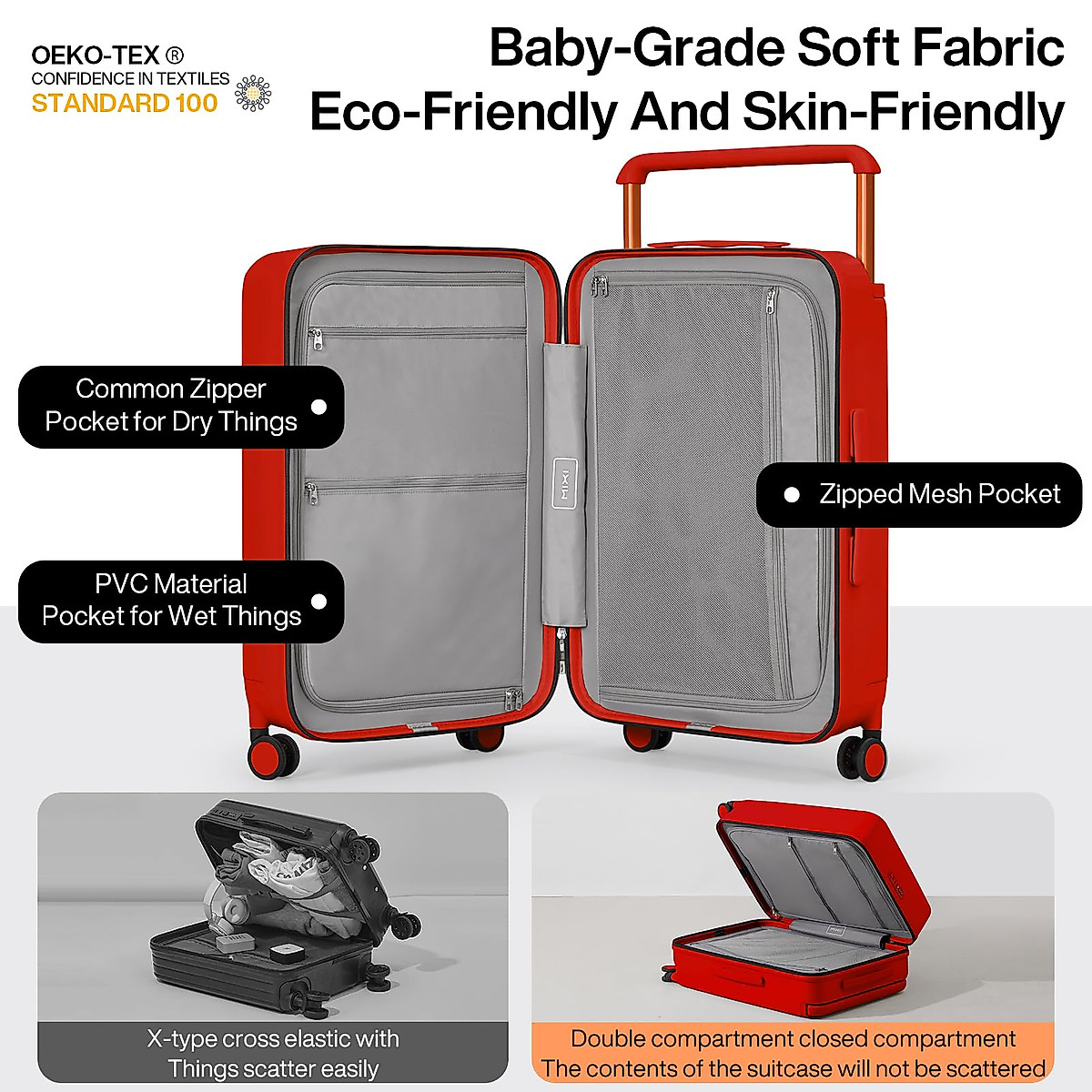 mixi Luggage Suitcases With Spinner Wheels,Upgrade Wide Handle PC Hardshell Rolling Travel Suitcase with TSA Lock, Checked-Medium 24-Inch, Red