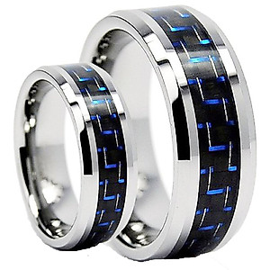 His & Hers Tungsten Carbide Engagement Wedding Band Ring Set, Blue Carbon Fiber Inlay