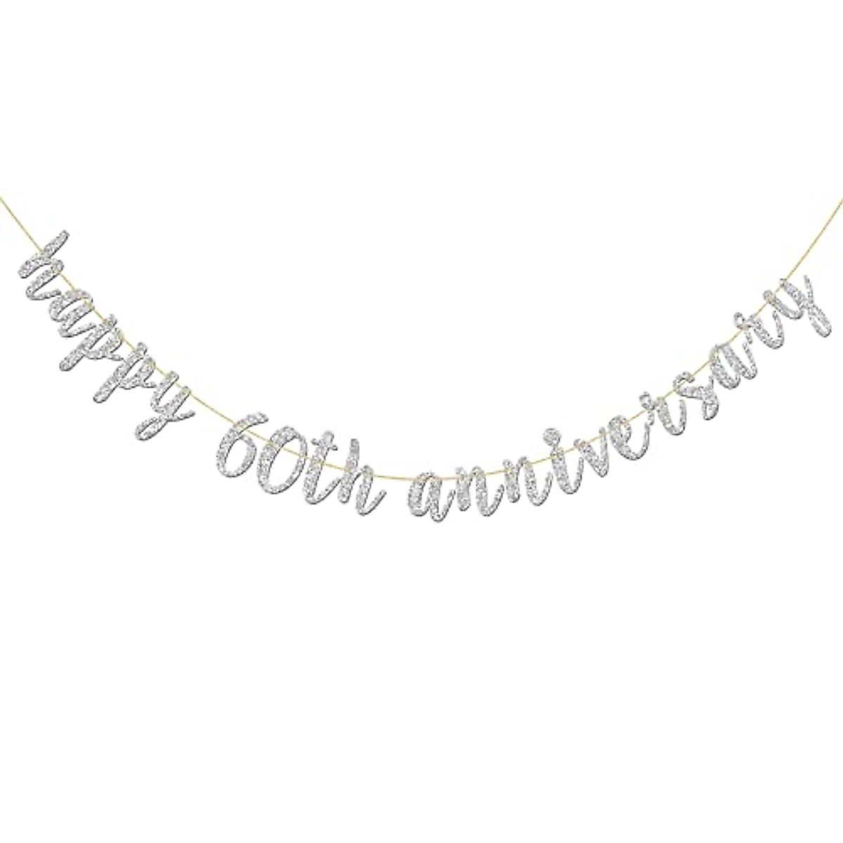 INNORU Glitter Silver Happy 60th Anniversary Banner - Sixty Sign - 60th Birthday Banner - 60th Wedding Anniversary Party Bunting Decoration
