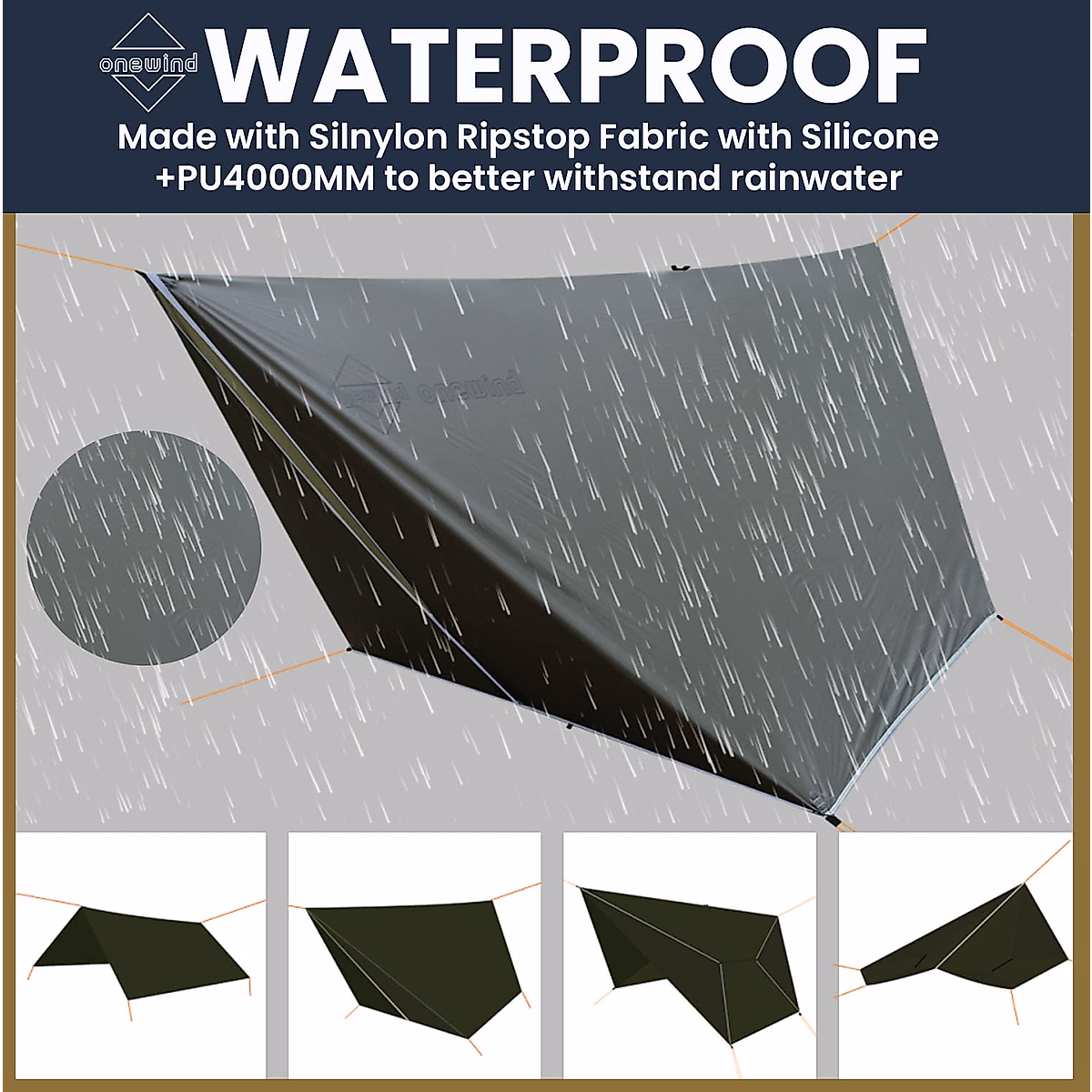 Onewind 11ft Hammock Tarp, Lightweight Silnylon Hammock Rain Fly, 4000mm Waterproof 4-Season Multiple Shelter Solution Camping Tarp Tent with Complete Accessories, OD Green