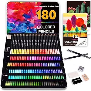 COOL BANK 180 Colored Pencils Set for Adult Coloring Books, Artist Pencils with Sketchbook, Coloring Book, Pencil Extenders, Eraser, Sharpener, Soft Core, Gift Tin Box for Beginners Artists