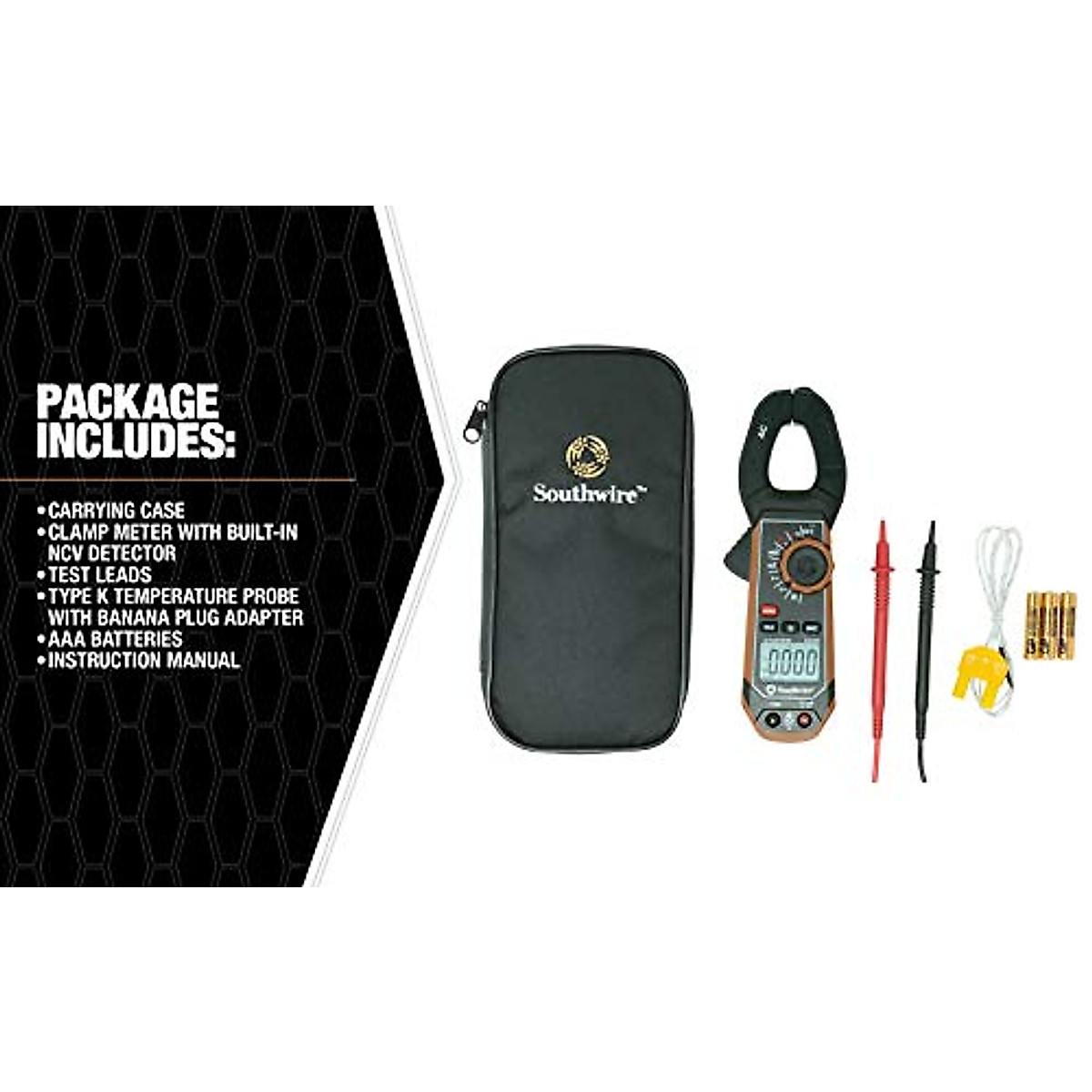 Southwire 21510N clamp meter; third-hand test probe holder; 400A AC current range; CAT III 600V safety rating; built-in non-contact voltage detector; 5 year warranty; Black Brown