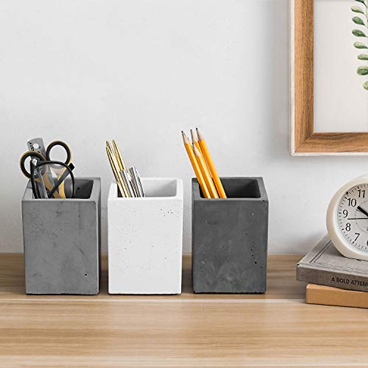 MyGift Modern Gray-Tone Concrete Desktop Pencil Holder Cup and Pen Holder, Office Stationery Organizer, Set of 3