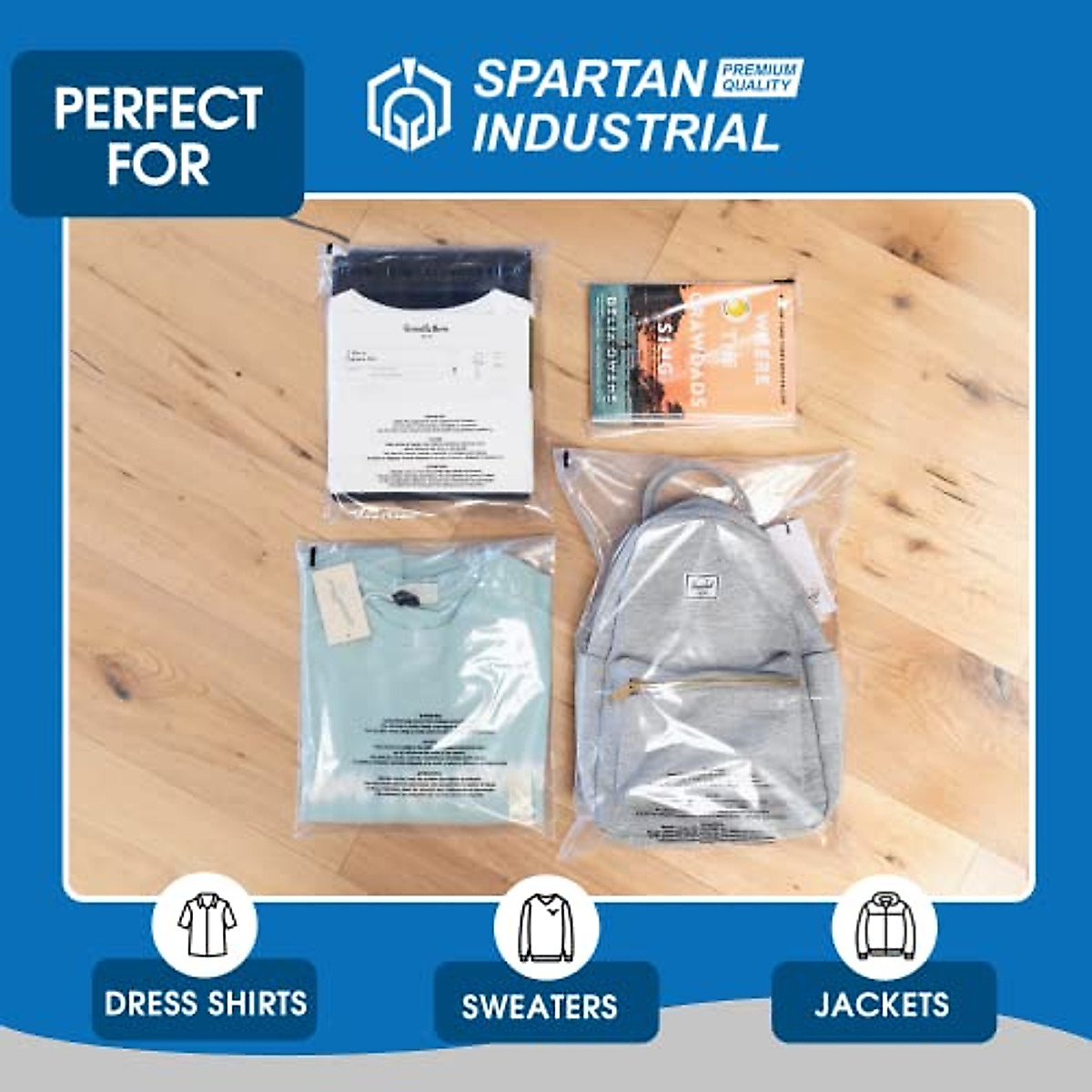 Spartan Industrial - 14” X 20” (100 Count) Self Seal Clear Poly Bags with Suffocation Warning for Packaging, Clothes & FBA - Permanent Adhesive
