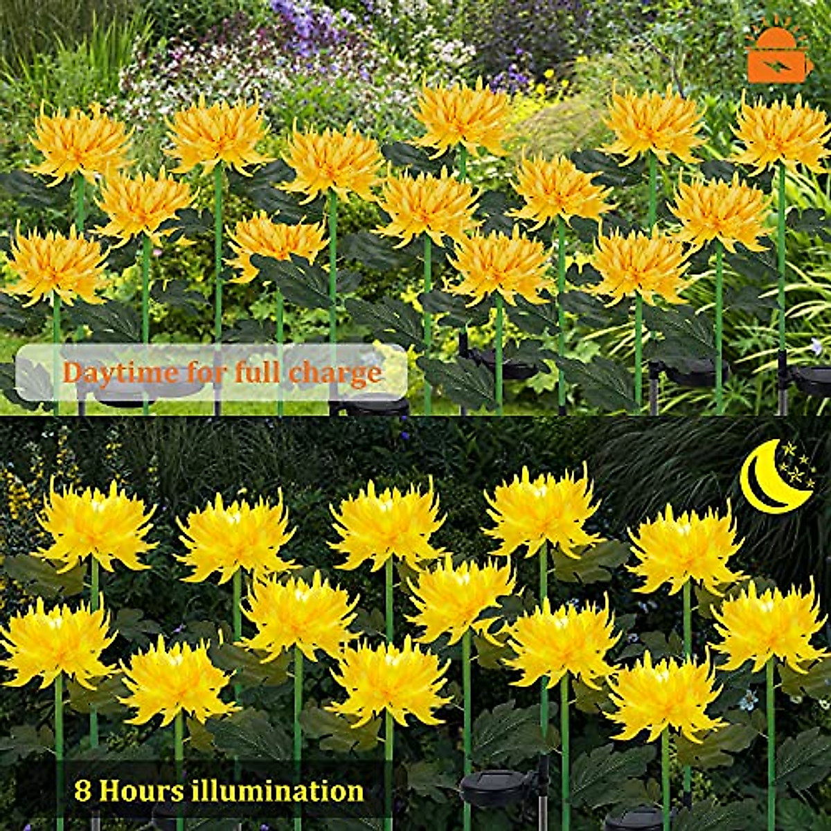 FORUP 2 Pack Solar Garden Stake Lights, Outdoor Chrysanthemum Lights, LED Solar Powered Lights for Patio Lawn Garden Yard Pathway Decoration, Yellow