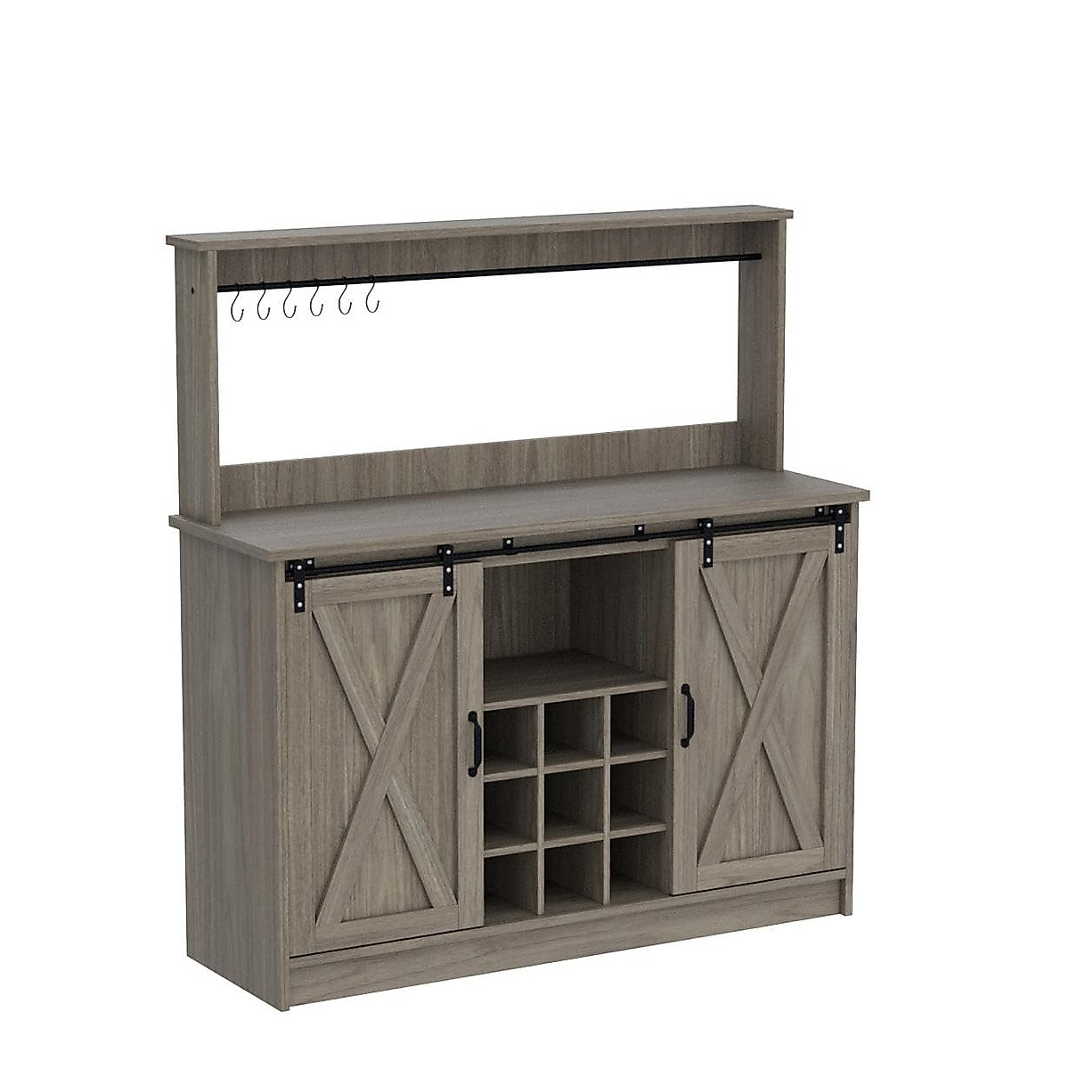 4ever2buy Farmhouse Coffee Bar Cabinet with Sliding Barn Doors, 50 Inch Coffee Bar Hutch with 6 Hooks, Gray Coffee Bar with 9 Mug Rack, Hutch Cabinet with Storage for Living Room