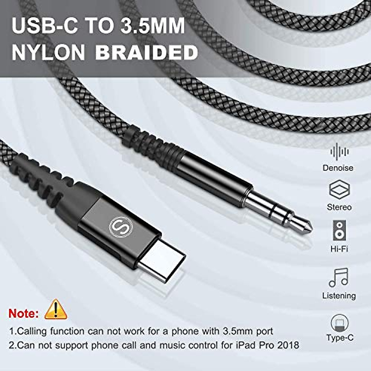 sweguard USB C to 3.5mm Audio Aux Jack Cable 6.6ft, Type C Adapter to 3.5mm Headphone Car Stereo Aux Cord for iPad Pro Air 4 5 Mini 6, Samsung Galaxy S23 S22 S21 S20 S10 9 8 Note 20 10 Z fold Pixel