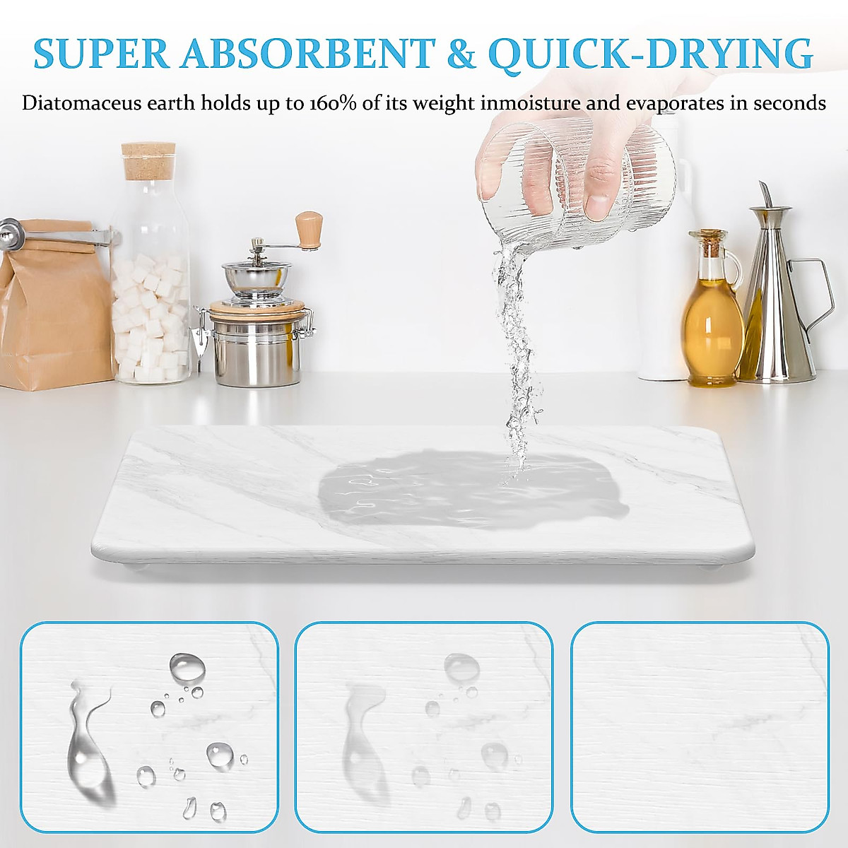 FLOKINICE Stone Dish Drying Mat for Kitchen Counter, Eco-Friendly Ultra Absorbent Heat Resistant Diatomaceous Earth Sink Tray Mat for Dish Bottles Cups & Pet Bowl (White Marble)