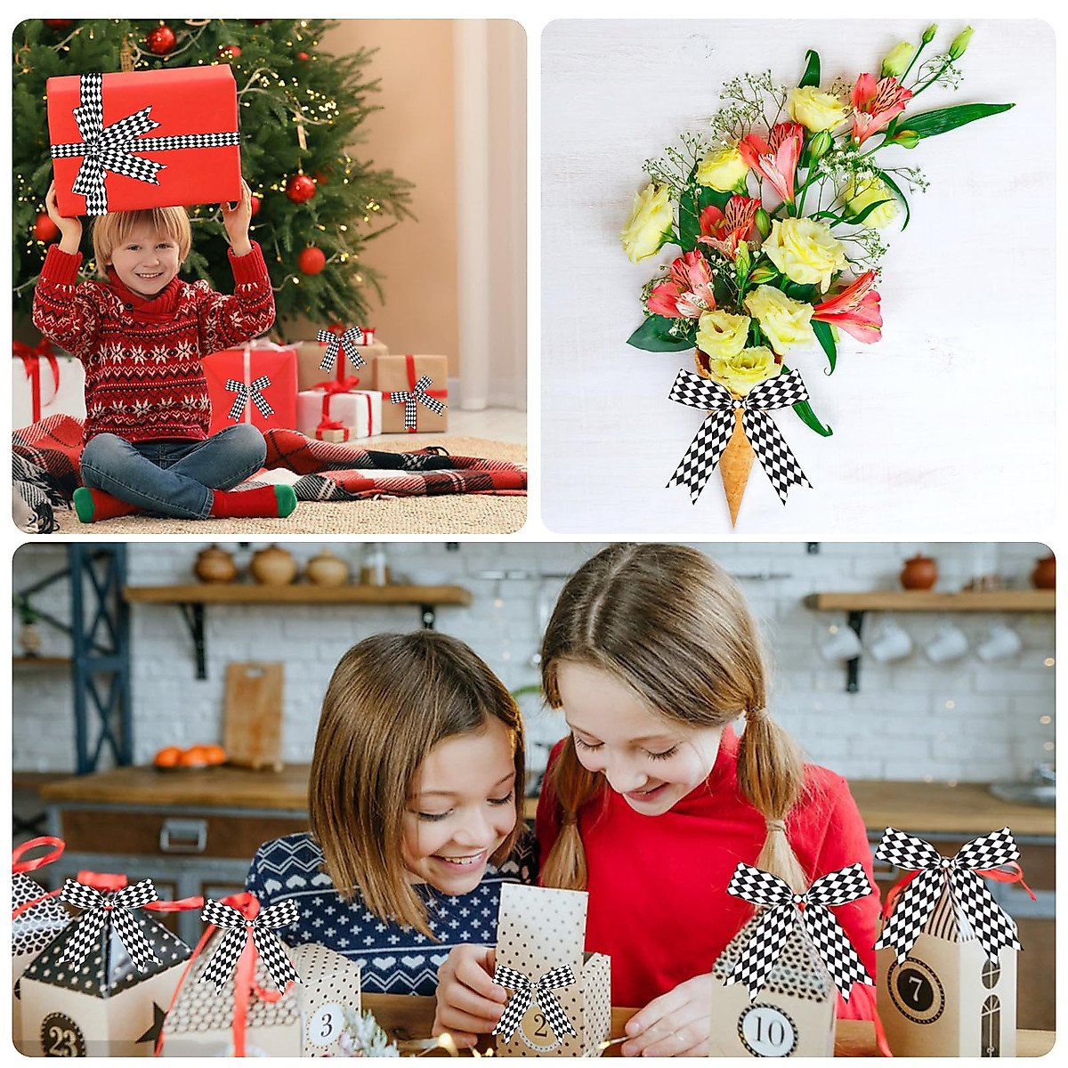 3 Rolls Black White Checkered Grosgrain Ribbon,Plaid Buffalo Ribbon Gift Packaging Ribbon,Crafts Racing Car Theme Printed Checkered Ribbon, for Bow,Xmas Fall Tree Wrapping,DIY Wreath Decorations