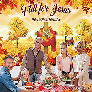 Fall for Jesus Backdrop Autumn Thanksgiving He Never Leaves Photography Background Maple Leaves Pumpkin Sunflower Friendsgiving Christian Religion Supplies Photo Banner (6x4ft(70x40inch))