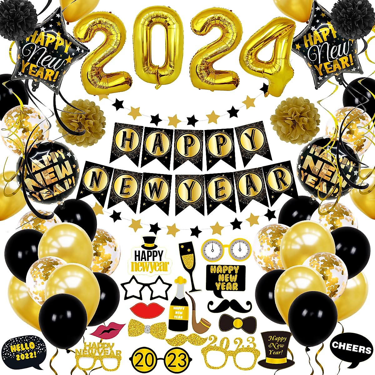 2024 Happy New Year Party Supplies, Foil Balloons Set, Happy New Year Banner, Latex Balloons, Curtains, Paper Pompoms for Home Outdoor Decor New Years Eve Party Supplies 2024, Black and Gold