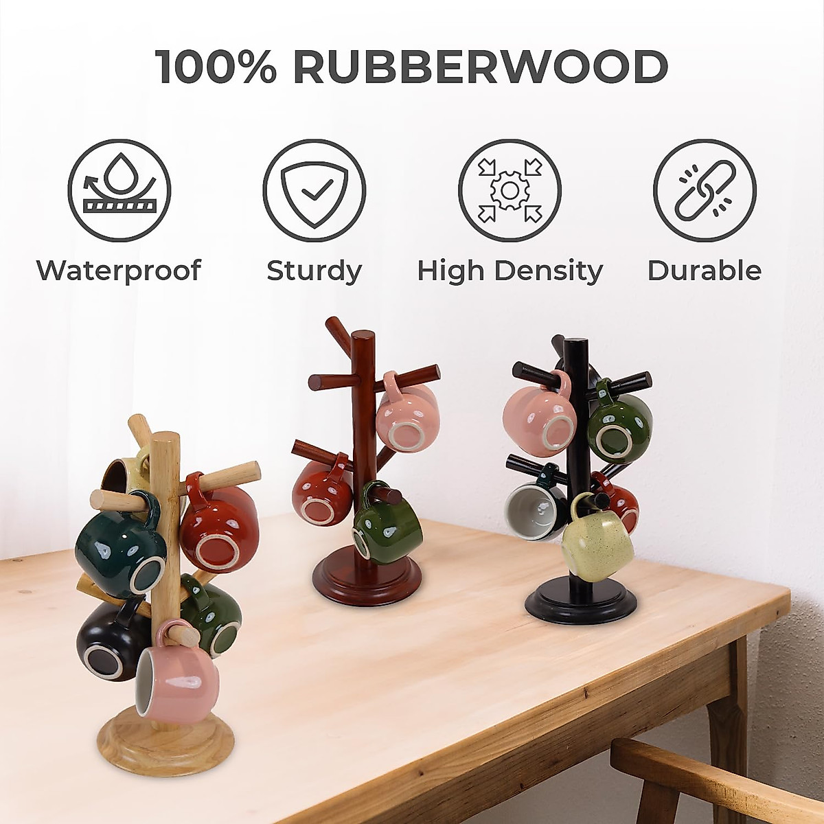 Nabytok Pack 2 Mug Tree 6 Hooks Rubberwood 13.5"x7"x7", Strudy & Thick Base, Large & Small Cup Holder Tree Wooden for Jewelry, Kitchen Tools, Pantry, Ornaments, Countertop, Table Organizer (Natural)