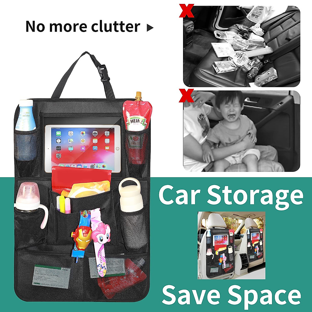 Car Seat Back Organizer for Kids Car Organizer Kick Mats with 10" Touch Screen Tablet Holder 11 Storage Pockets Car Back Seat Protectors Backseat Child Kick Guard Seat Saver (21” x 17”inch)