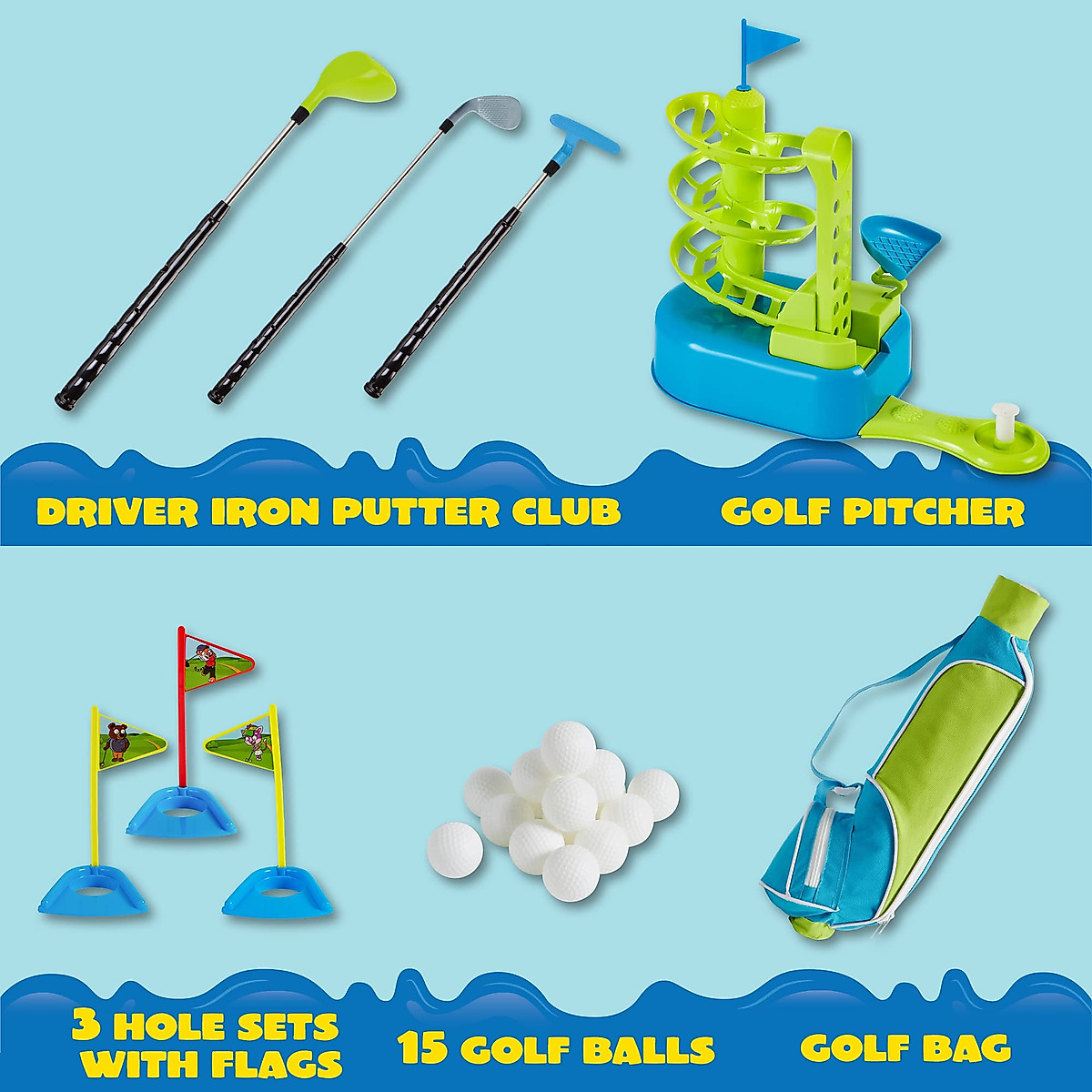 JOYIN Club Golf Comprehensive Toy Set with 3 Golf Clubs, 3 Club Heads, Deluxe Toy Golf Bag, 15 Training Toy Golf Balls and Accessories, for Toddler Kids Boys and Girls Golf, Outdoor Lawn Sport Toy