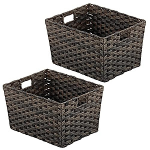 mDesign Wide Rectangular Woven Braided Rope Home Storage Baskets with Handles - for Organizing Closet, Bedroom, Bathroom, Living Room, Entryway, Office - 8.25" High, 2 Pack - Espresso Brown