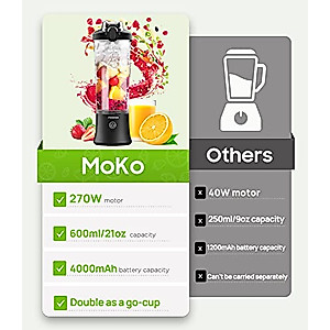 ＭoKo Portable Blender, 270 Watt Personal Blender for Shakes and Smoothies,21OZ Personal Blender USB Rechargeable with 6 Blades, BRA Free, Smoothie Blender for Kitchen Sports Travel and Outdoors,Black