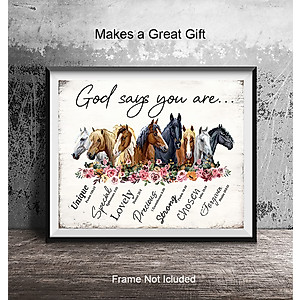 Rustic Religious Horse Wall Art - Inspirational Spiritual Scripture Christian Boho Farmhouse Poster - Girls Bedroom Decor - God Says You Are - Shabby Chic Decoration - Country Western Gift for Women