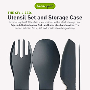 humangear GoBites Trio | Travel & Camping Utensils | Portable & Convertible Dining Ware | Multi-Functional Spork & Knife, Gray