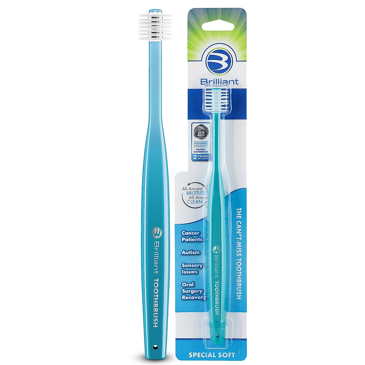 Brilliant Specialty Adult Round Toothbrush for Sensitive Mouths to Support Chemo and Other Sensory Oral Care Needs with Ultra Soft Bristles, Teal, 1 Pack