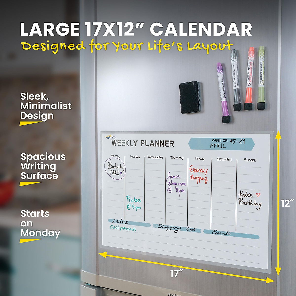 Magnetic Weekly Dry Erase Board Calendar Whiteboard- Latest Premium Nano Technology Stops Stains- 17x12” Whiteboard Calendar for Fridge- 4 Fine Tip Markers and Large Eraser- Weekly Planner White Board