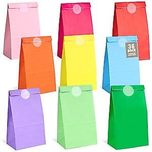 Shindel 36PCS Paper Teat Bags, Colorful Gift Bags with Stickers Party Favor Treat Bags Goodie Bags for Birthdays Baby Showers Crafts Wedding