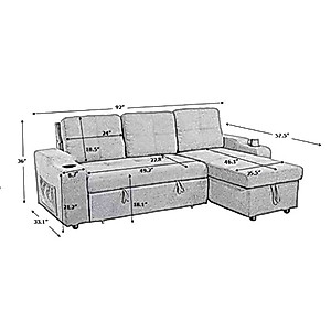 Cotoala L-Shape Sectional Sofa with Pull-Out Bed and Storage Space, Right Convertible Sleeper Couch w/Chaise Longue, 2 Cup Holders & Side Pockets, for Living Room, Apartment, 92", Dark Gray