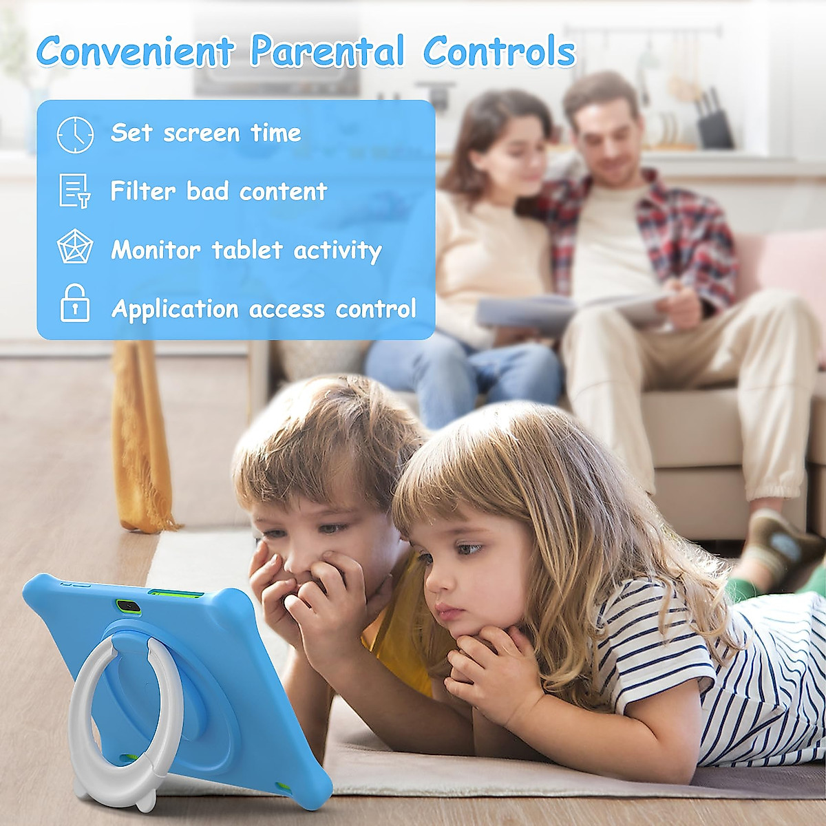 SGIN 10.1 inch Kids Tablet Android 12, 64GB ROM 2GB RAM(TF Card 512GB), Pre-Installed iWawa, Parental Control, 2.4G/5G WiFi, BT4.2, Dual Camera, Educational, Toddler Tablet Shockproof Case(Blue)