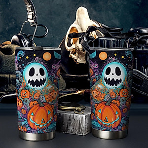 ORCAE 20oz Halloween Pumpkin Ghost Tumbler, Boo Boo Ghost, Trick or Treat, Halloween Gifts, Coffee Thermos, Stainless Steel Double Wall Vacuum Insulated Coffee Mug, Travel Cup with Lid - D