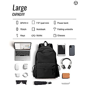 Black Backpack for Women Men, Waterproof High School Bookbag,Lightweight Casual Travel Daypack,Classic Basic College Backpack,Middle School Bag for Teen Girls Boys