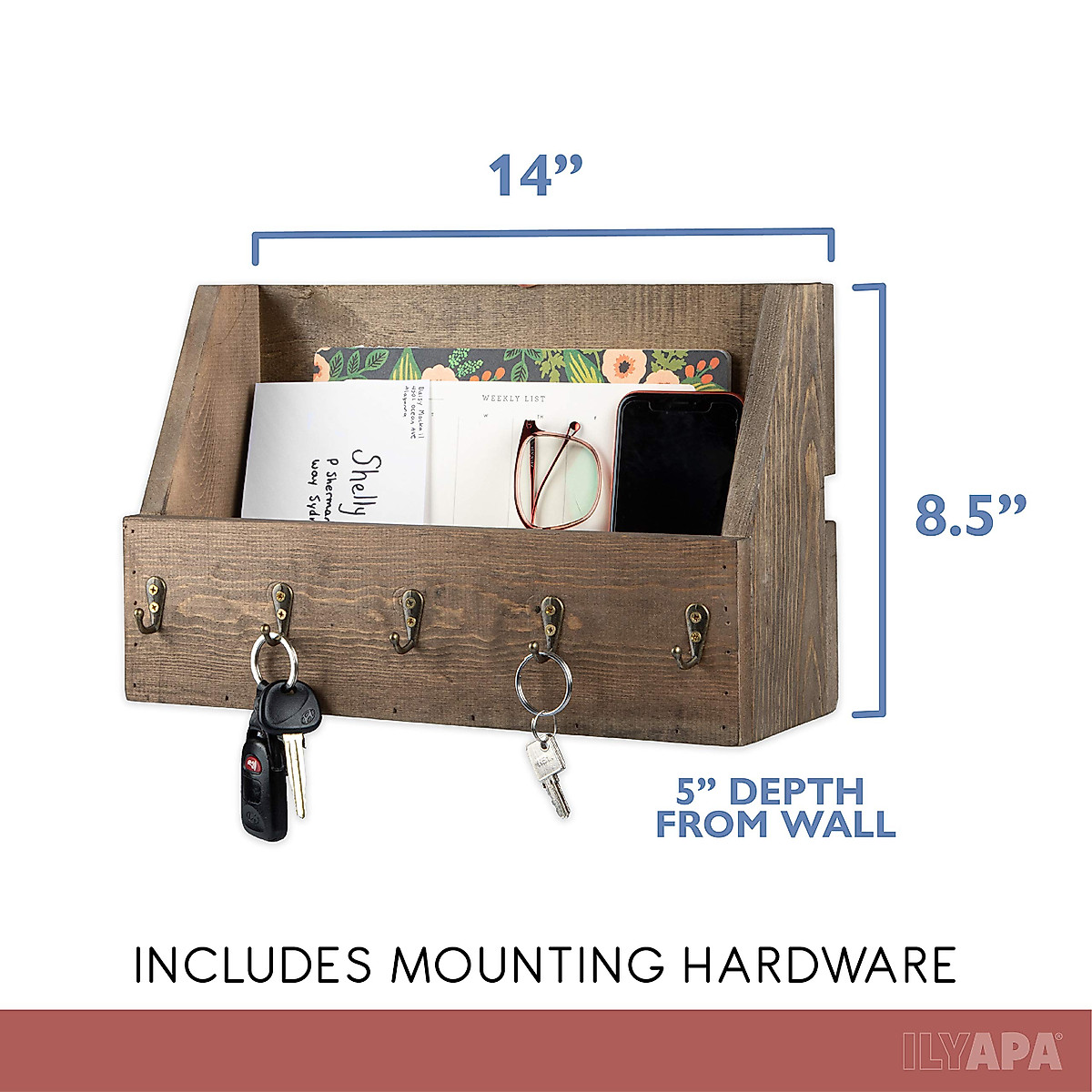 Ilyapa Key Holder for Wall, Farmhouse Mail Organizer Wall Mount, Rustic Wooden Mail Holder, Keys Center with 5 Antique Brass Hooks