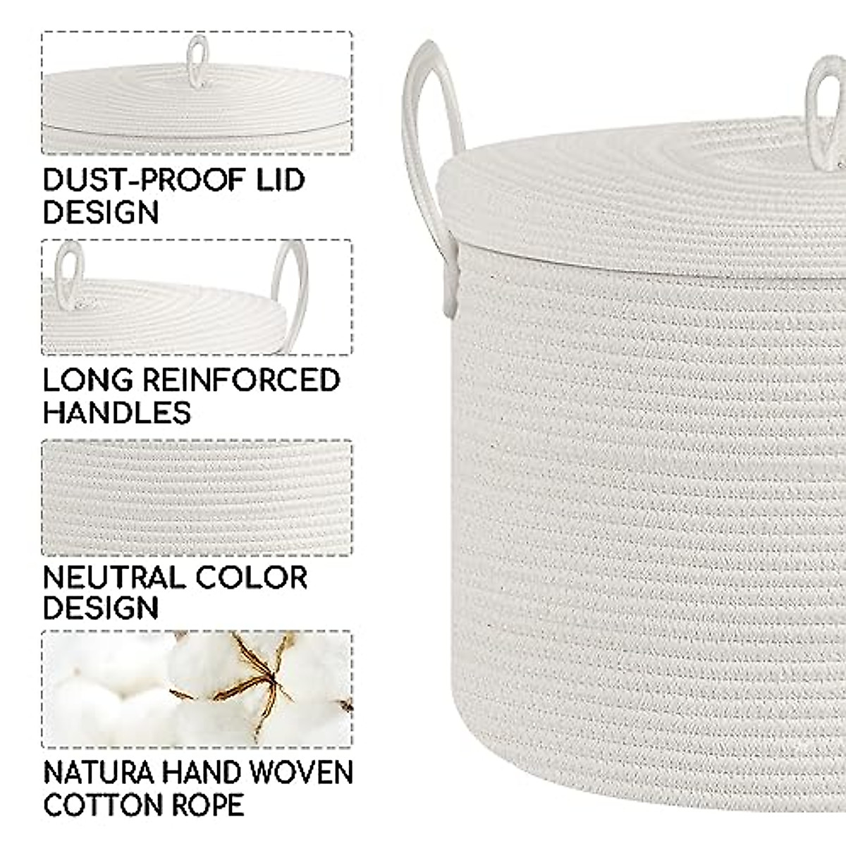MEGASKET White Baskets for Organizing, 20" X 20" X 15" Large Storage Basket with Lid, Nursery Tall Baby Wicker Laundry Basket Hamper with Lid, White Blanket Toy Woven Rope Storage Basket Living Room