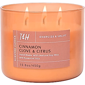 Cinnamon Clove Citrus Scented Candle with Vanilla, Ginger & Cedarwood | Highly Scented 3 Wick Soy Candles for Home 15.8 oz | Large Relaxing Aromatherapy Candle for Men & Women, Natural Cinnamon Candle