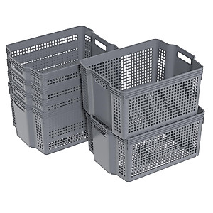 Zopnny 6-Pack Stackable Plastic Woven Basket Organizer, Large Stacking Storage Basket Bin, Grey