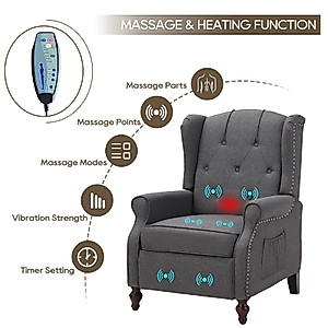PALLOME Wingback Recliner Chair with Massage and Heat Tufted Fabric Push Back Arm Chair, Recliner Chair for Living Room Bedroom Home Theater (1,Grey)