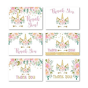 24 Unicorn Baby Shower Thank You Cards With Envelopes, Kids Thank-You Note, 4x6 Gratitude Card Gift For Guest Pack For Party, Birthday, For Girl Children, Cute Magical Pink Floral Event Stationery