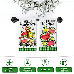 Seliem Hello Summer Gnome Watermelon Lemon Kitchen Dish Towel Set of 2, Buffalo Plaid Check Hand Towel Farmhouse Drying Baking Cooking Cloth, Home Sweet Home Seasonal Kitchen Decor 18x26 Inches